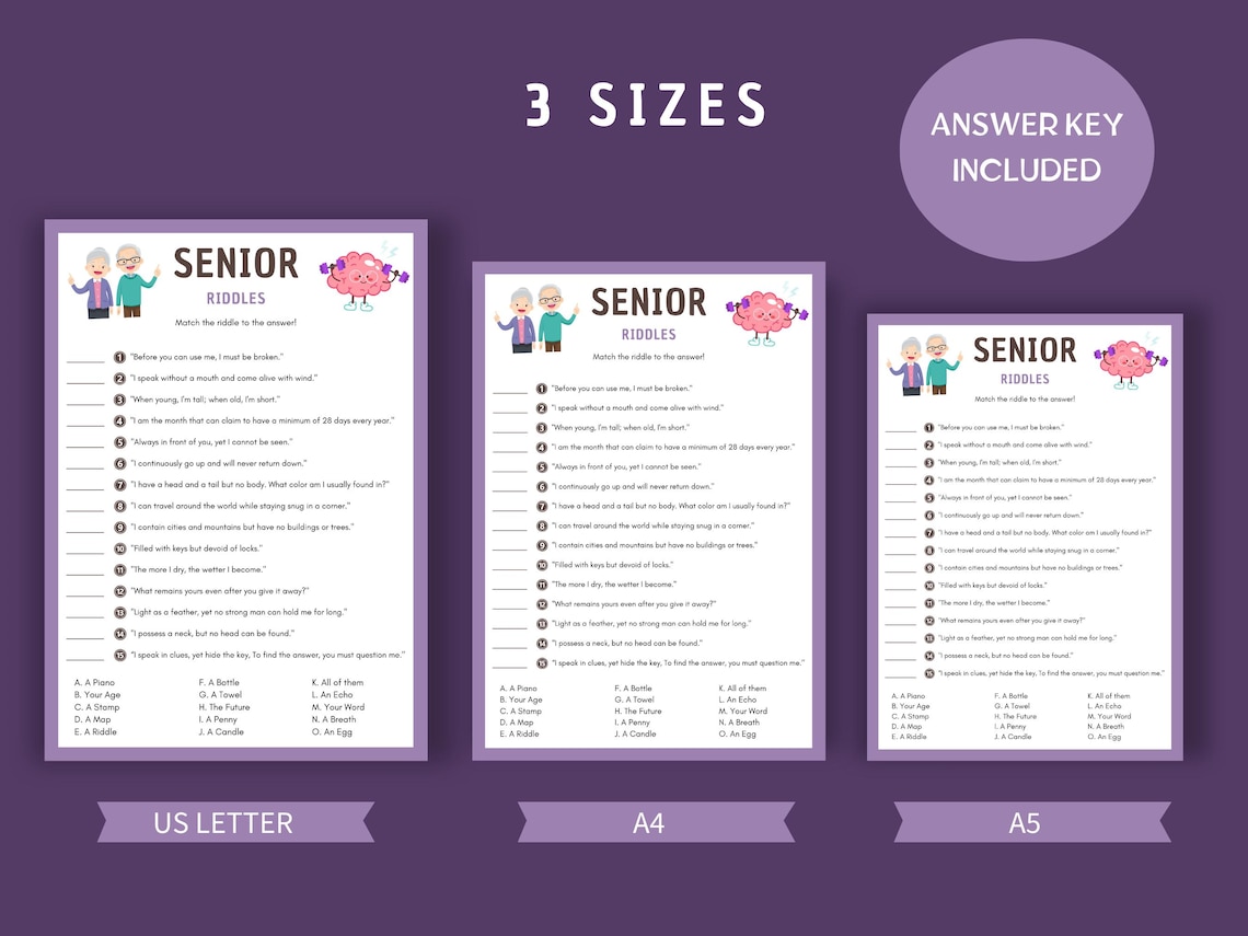 Senior Riddles Game: Printable Brain Teasers for Elderly (instant ...