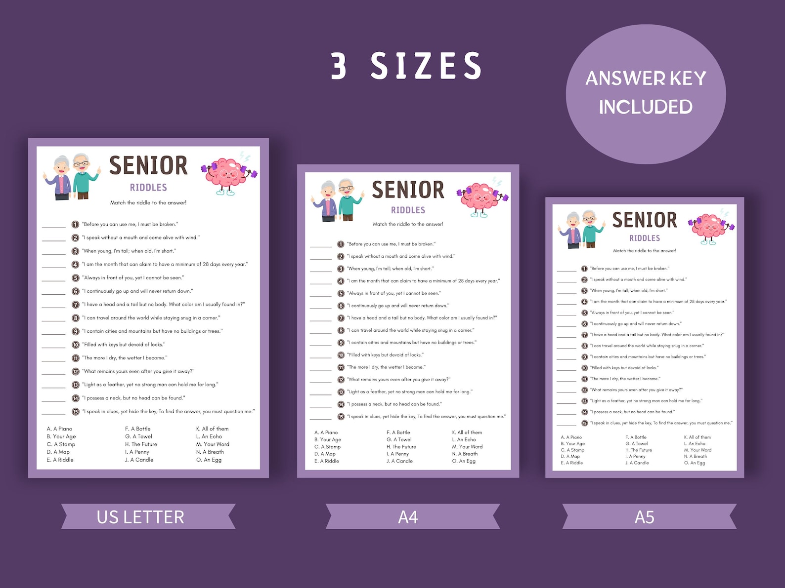 Senior Riddles Game: Printable Brain Teasers for Elderly (instant ...