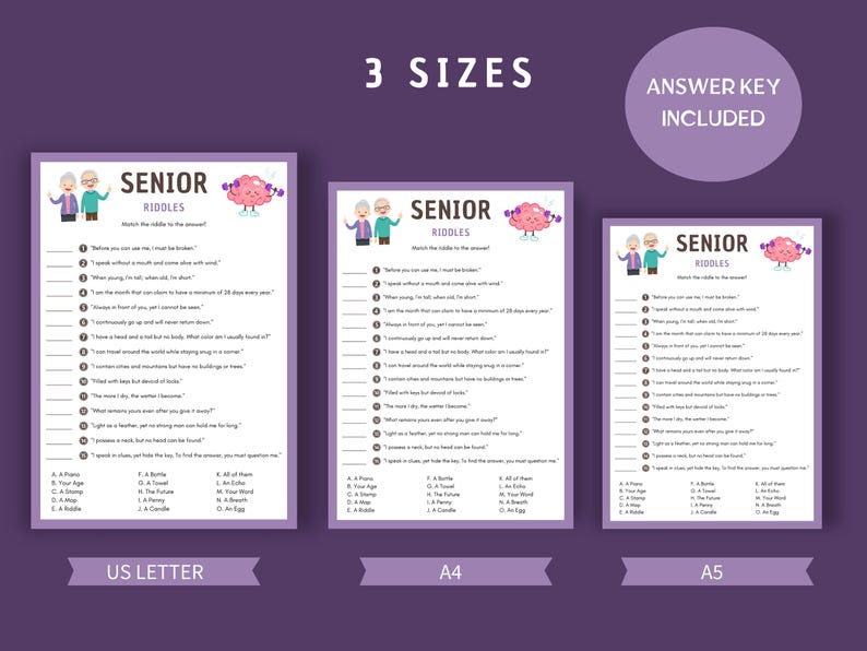 Senior Riddles Game: Printable Brain Teasers for Elderly (instant ...