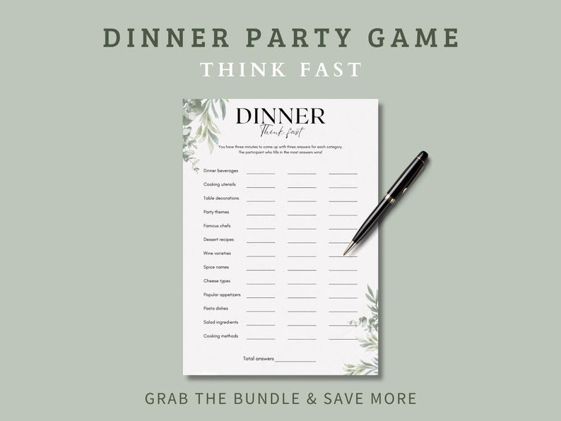 Printable Dinner Party Think Fast Game, Friends Dinner Party Game ...