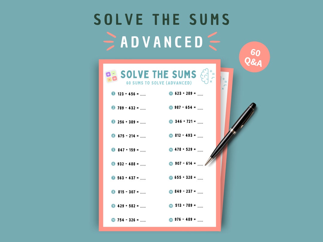Printable Sum Calculation Game for Kids (advanced) | Solve the Sums ...