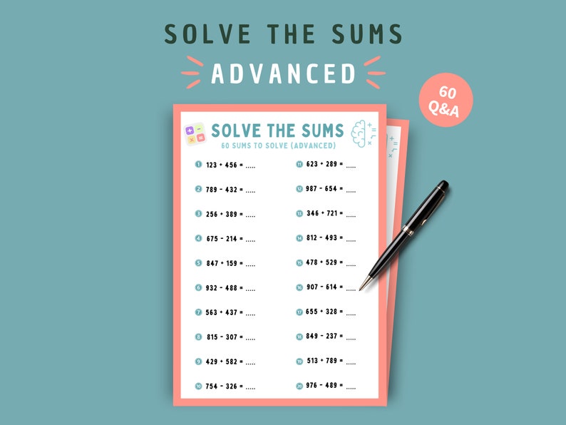 Printable Sum Calculation Game for Kids (advanced) | Solve the Sums ...