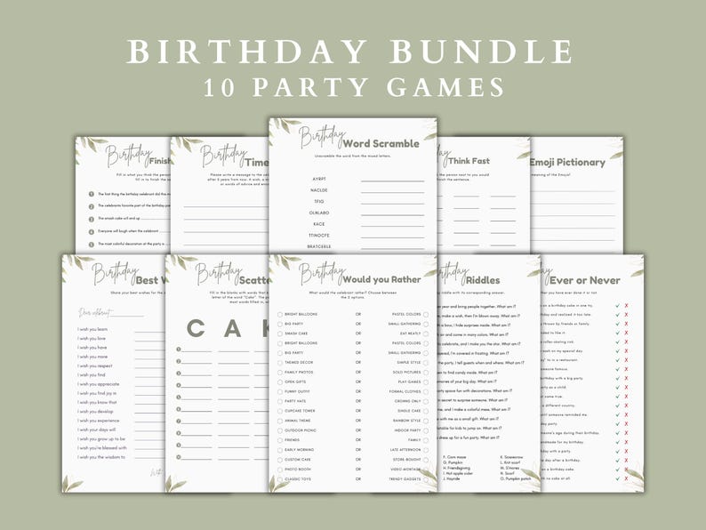 Birthday Party Games Bundle: 10 Fun Printable Activities (digital ...