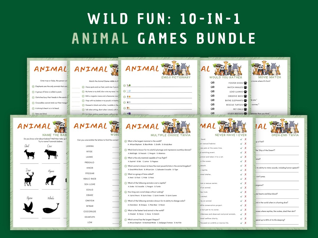 10-in-1 Wild Animal Games Bundle, Instant Download, Digital Party Games ...