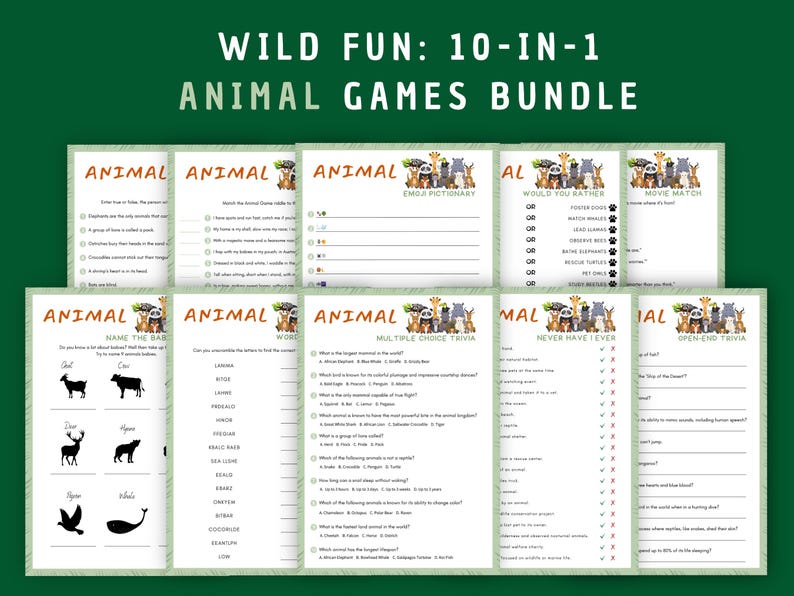 10-in-1 Wild Animal Games Bundle, Instant Download, Digital Party Games ...