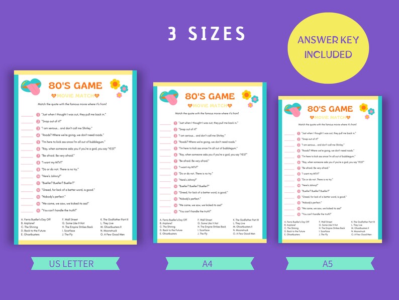 80s Movie Match Game Instant Download Retro Printable Family Game 1980s ...