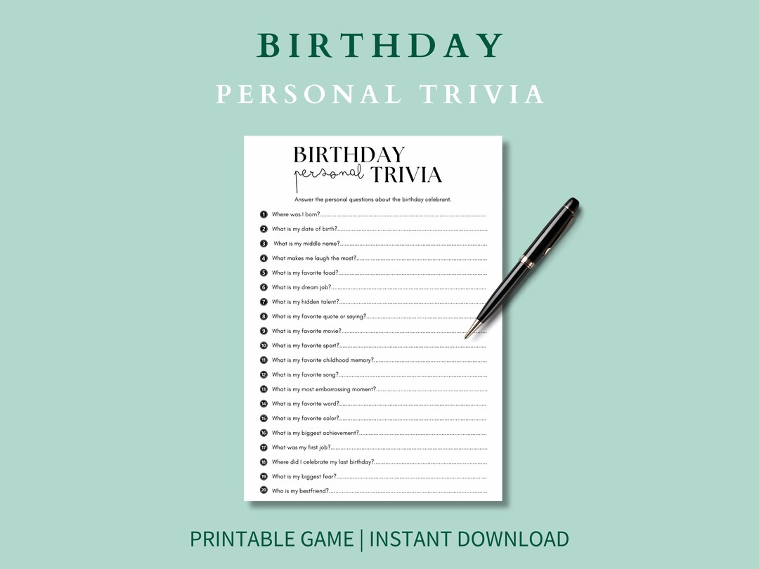 Personal Trivia Birthday Game | Printable Family Game | Birthday Party ...