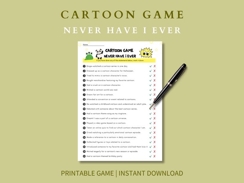 Cartoon-themed Never Have I Ever Game Printable Trivia Quiz Family Game ...