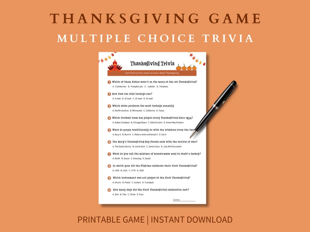 Printable Thanksgiving Trivia 2024 Multiple Choice Quiz Family ...