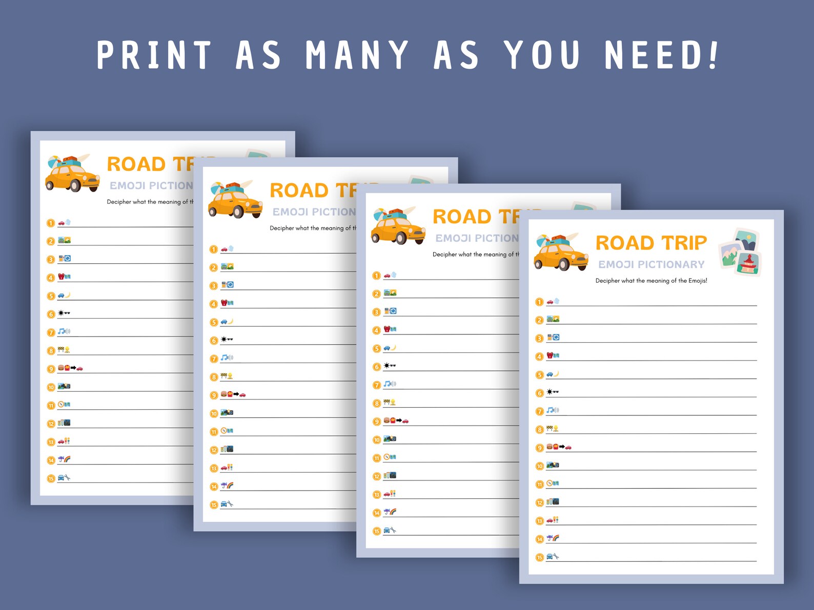 Road Trip Emoji Pictionary: Family Travel Car Game (printable, Instant ...