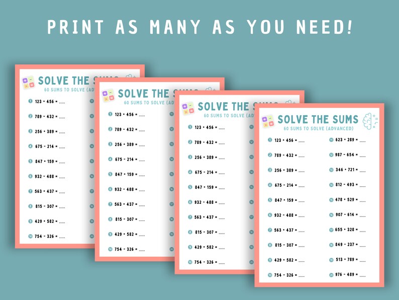 Printable Sum Calculation Game for Kids (advanced) | Solve the Sums ...