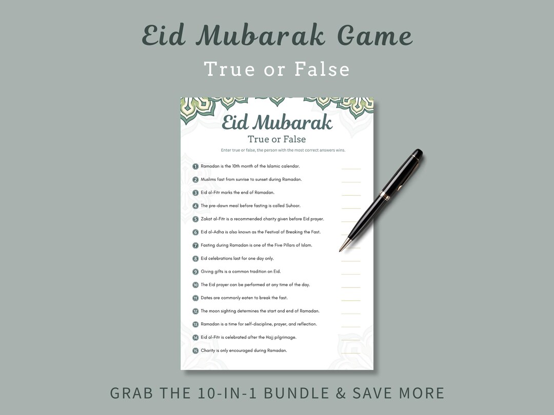 Eid Mubarak True or False Game, Printable Islamic Trivia, Eid Party ...