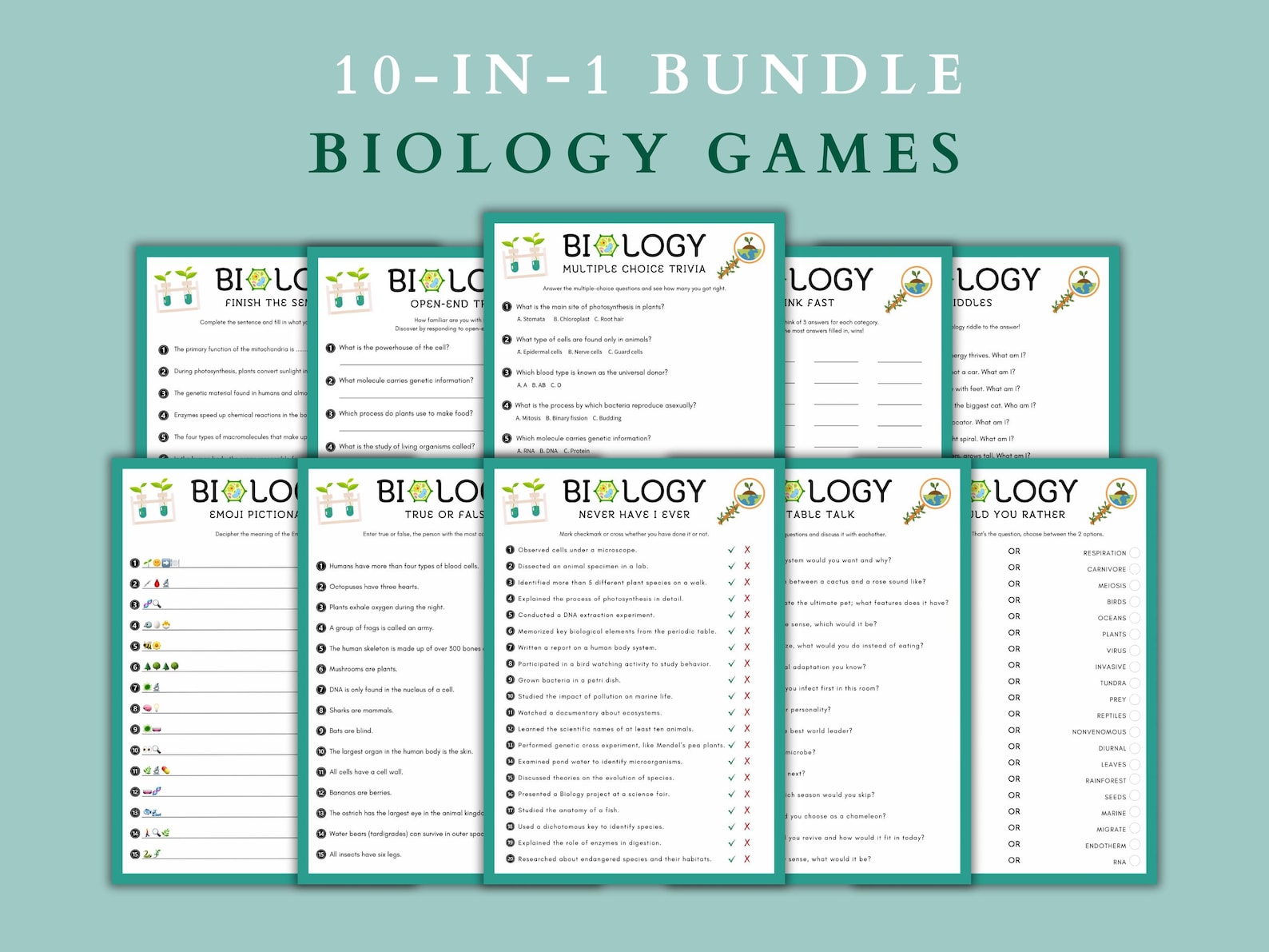 Printable Biology 10-in-1 Game Bundle Digital Download Fun Student ...