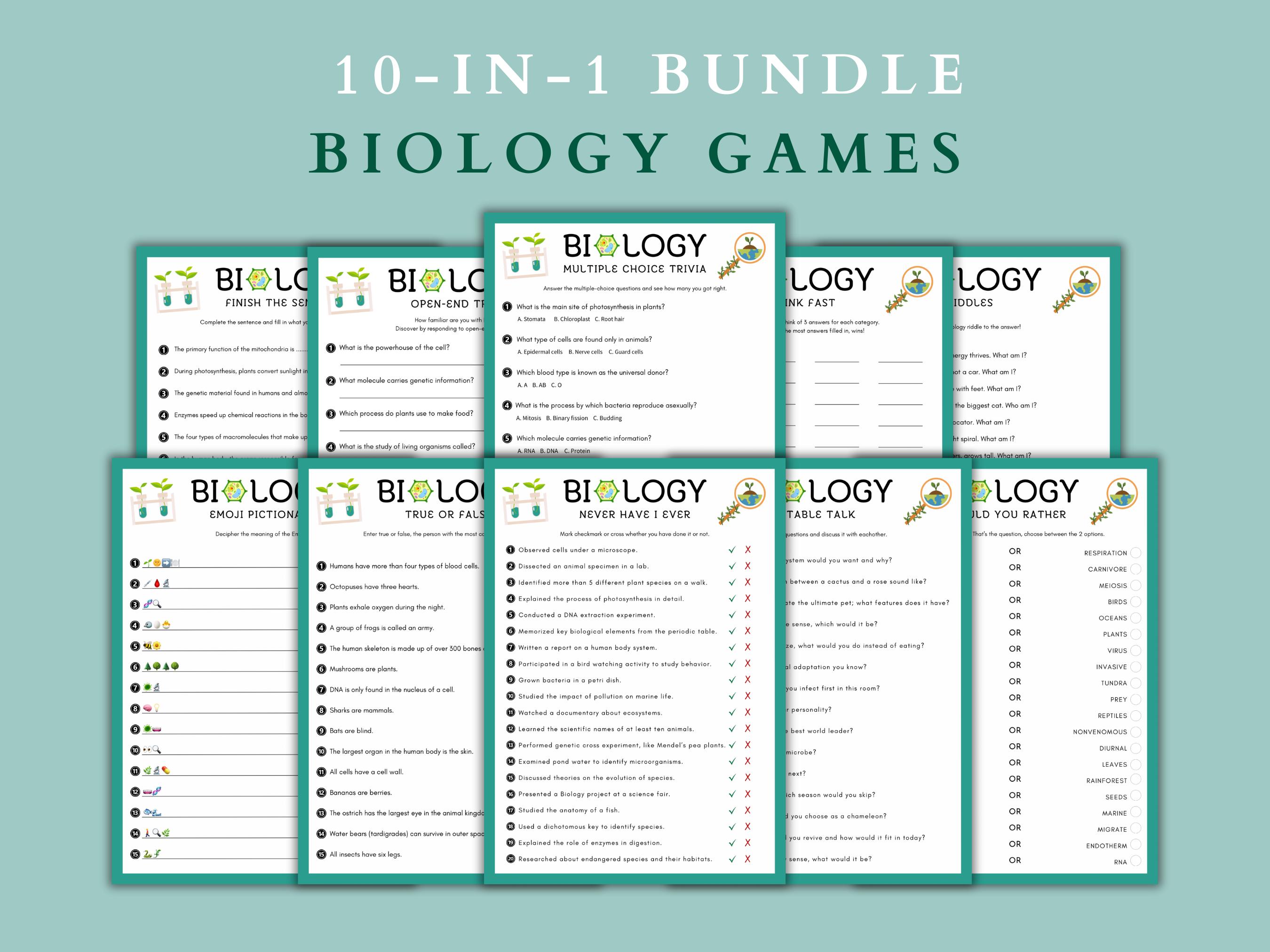 Printable Biology 10-in-1 Game Bundle Digital Download Fun Student ...