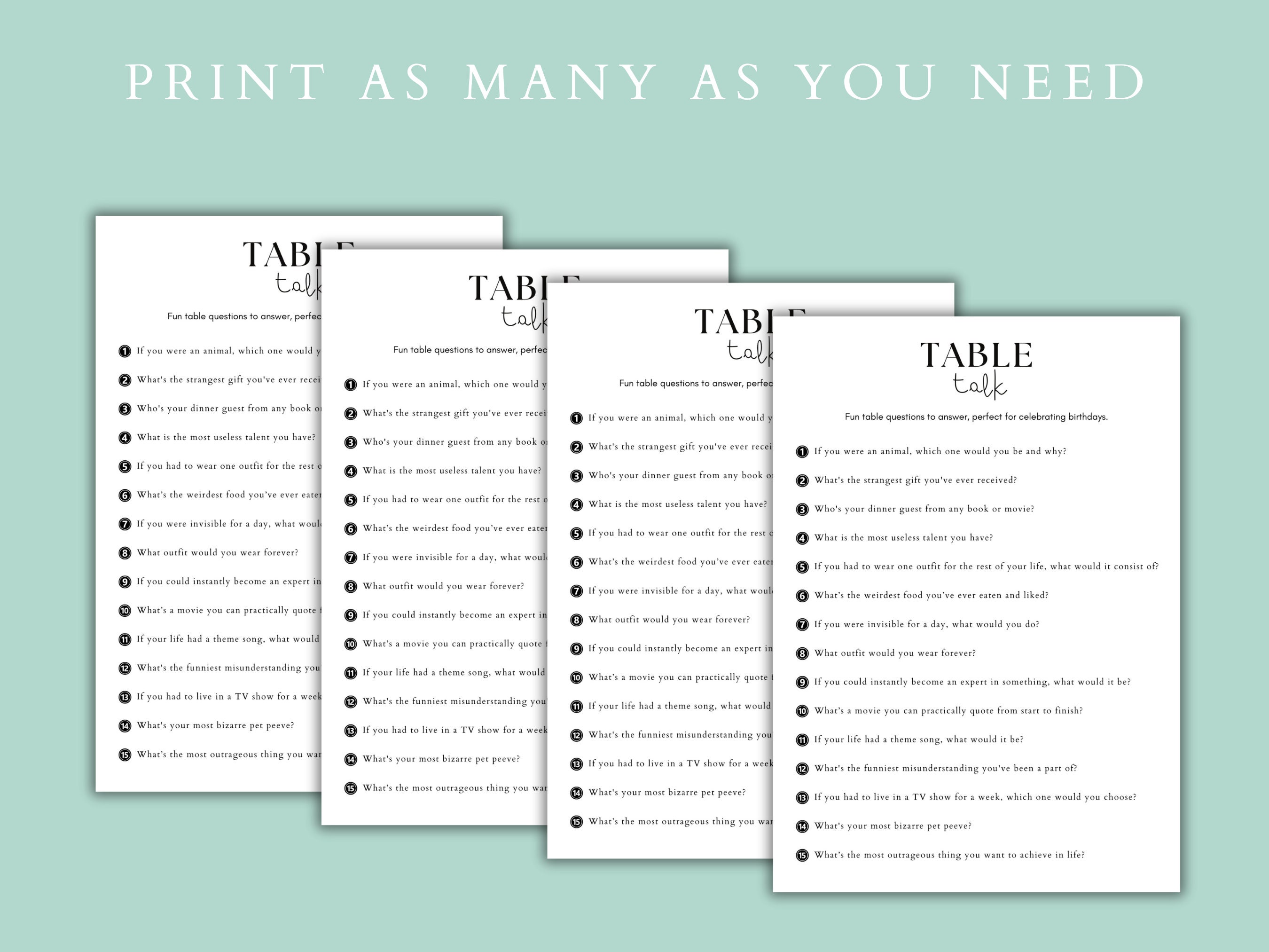 Printable Birthday Game Table Talk | Family Trivia Game Night | Instant ...