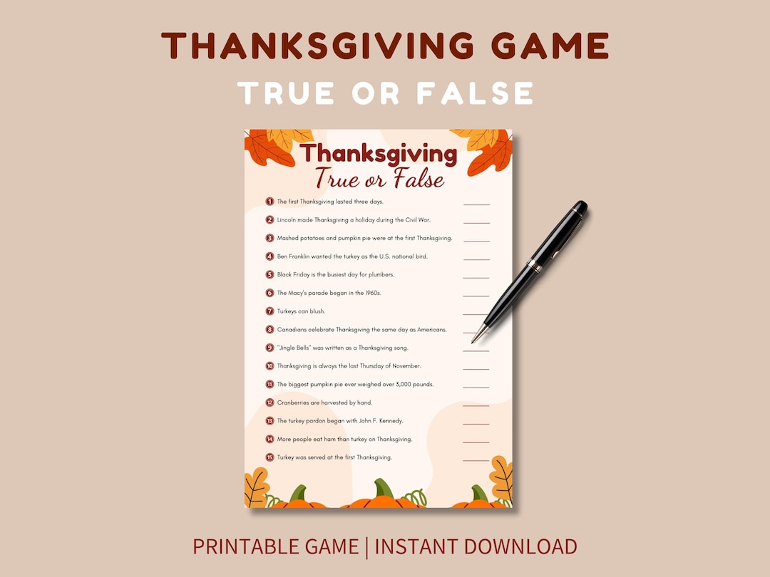 Thanksgiving True or False Game: Fun Trivia (digital Download) - Etsy