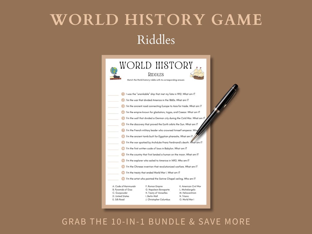 World History Riddles Game: Printable Trivia Quiz (digital Download ...