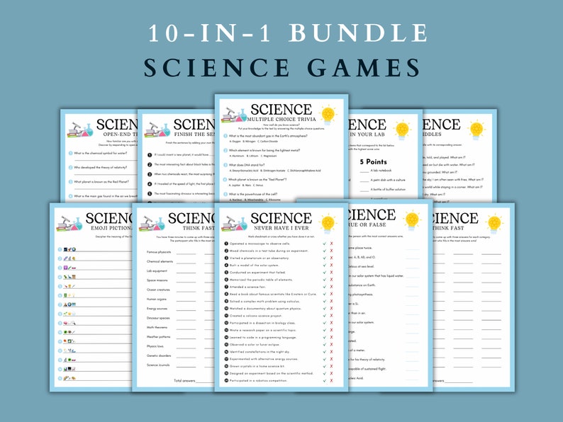 Printable Science Games Bundle: 10-in-1 Trivia, Pictionary, Riddles ...