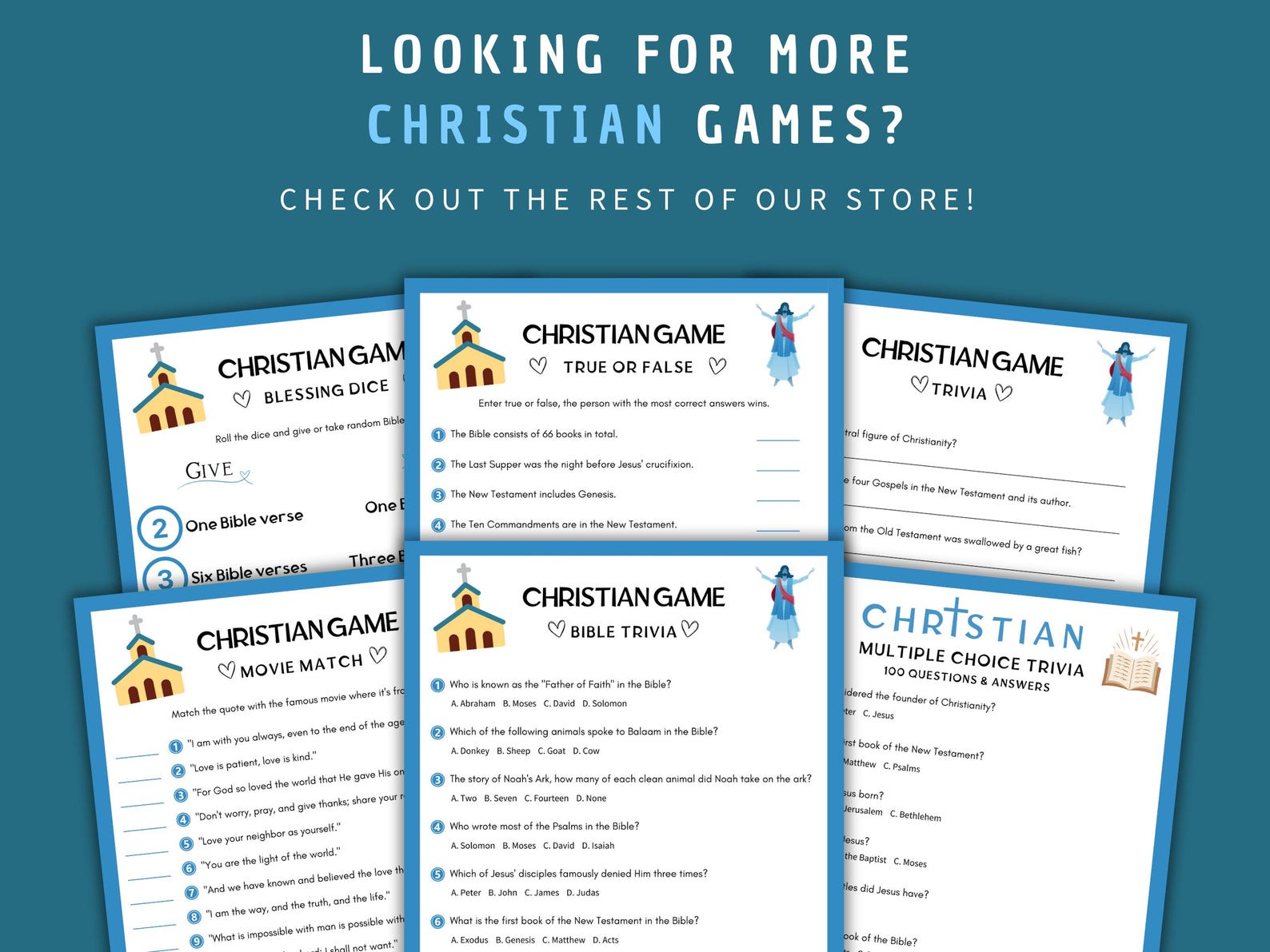 Printable Christian Games Bundle: Bible Trivia, Bingo, Charades ...
