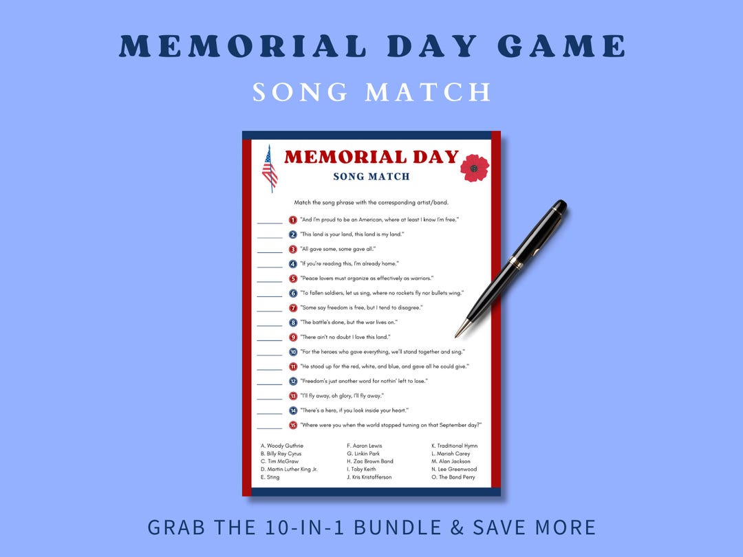 Memorial Day Song Match Game Printable, Patriotic Music Trivia Quiz for ...
