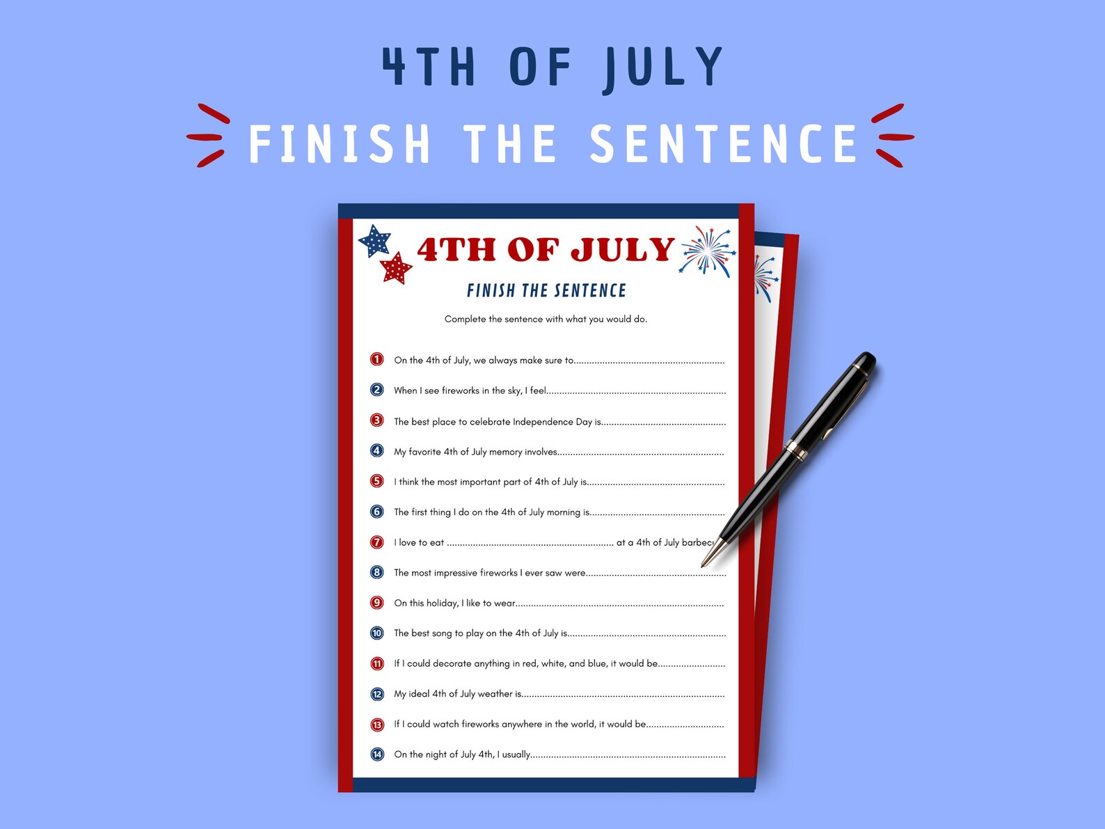4th of July Finish the Sentence Game Printable, Patriotic Icebreaker ...