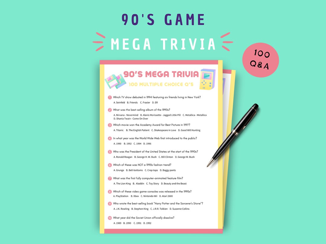 90s Mega Trivia Game Instant Download | Printable 90s Theme Quiz ...