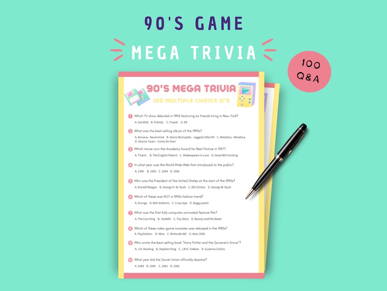 90s Mega Trivia Game Instant Download | Printable 90s Theme Quiz ...