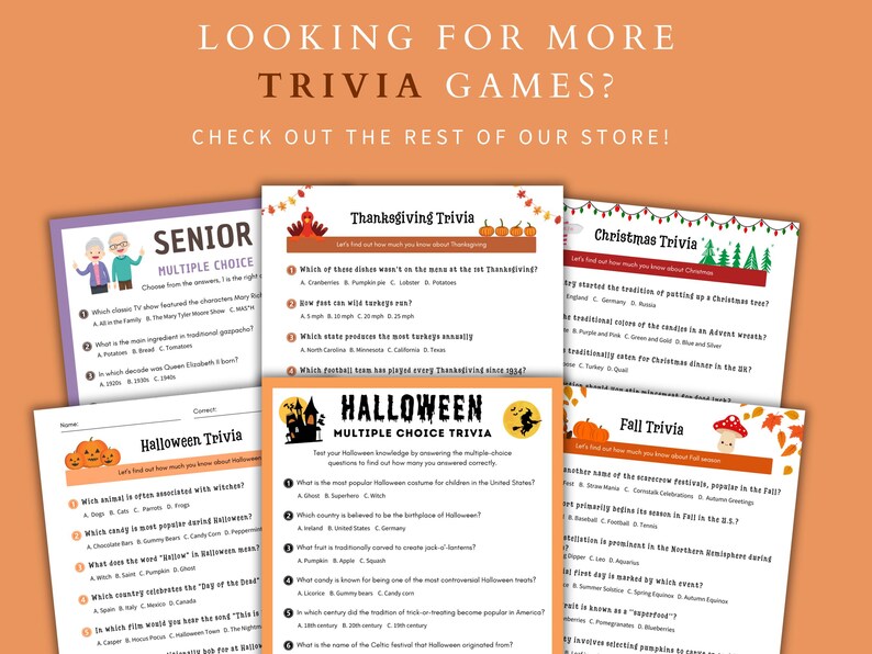 Printable October Trivia Game Fall Family Game Night Multiple Choice ...