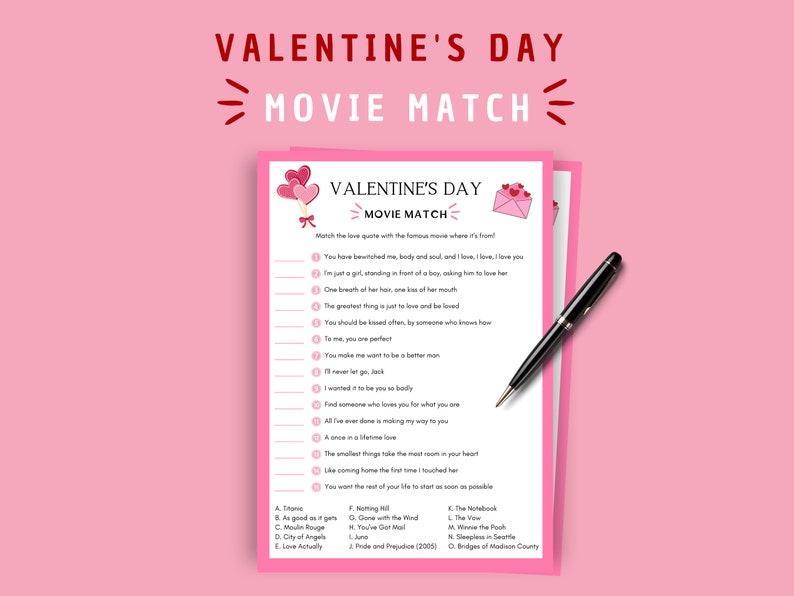Valentine's Day Movie Match Game: Romantic Film Trivia (printable) - Etsy