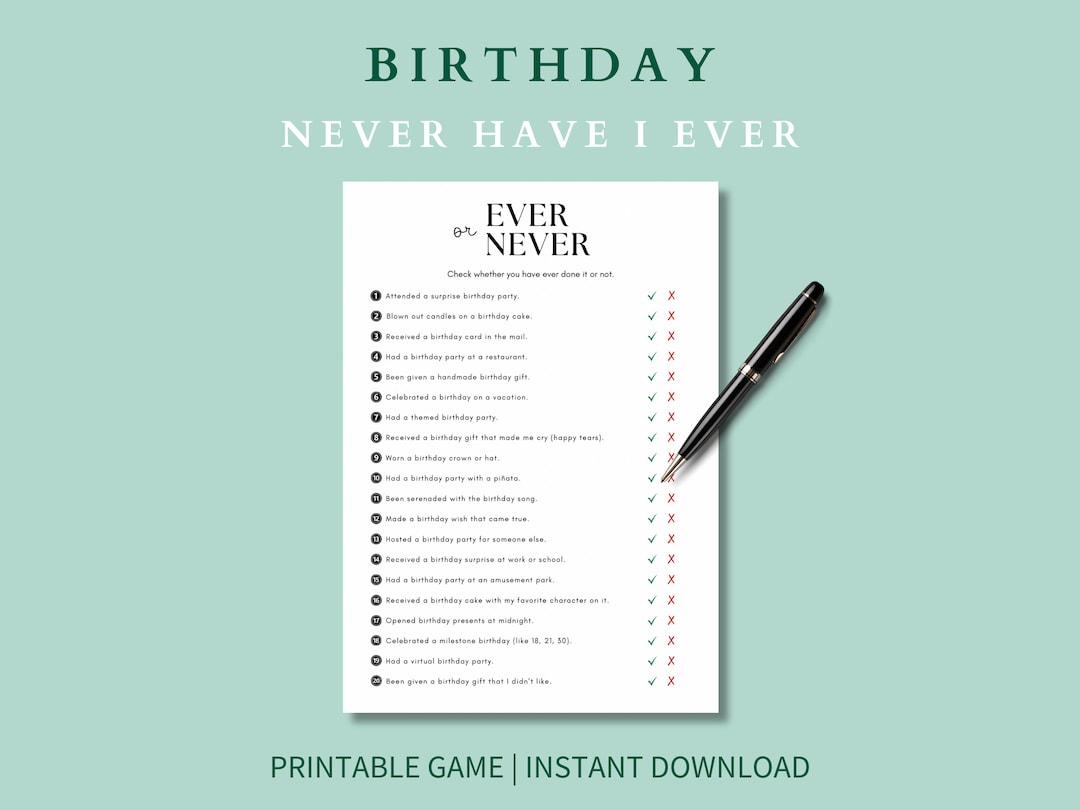 Never Have I Ever Birthday Game | Printable Party Game | Family Fun ...