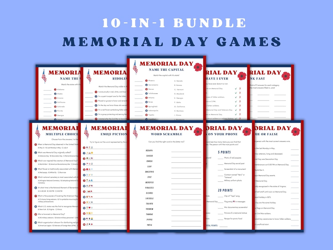 Memorial Day 10 Games Bundle, Printable Memorial Day Games, Family ...