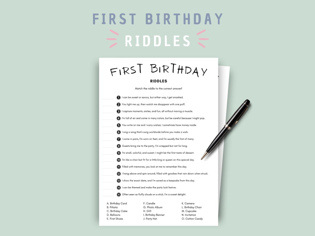 First Birthday Riddles Instant Download Trivia Game Printable Family ...