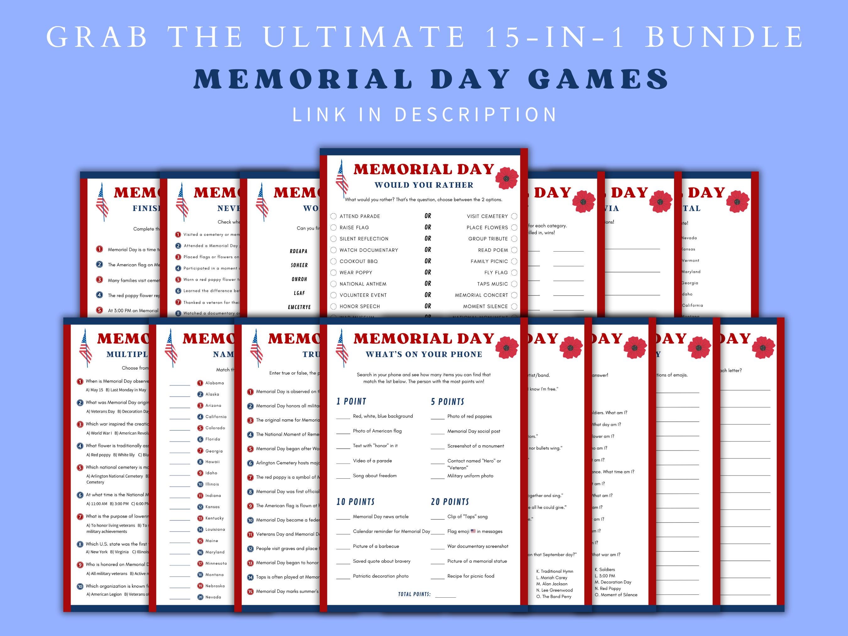 Memorial Day Printable Game, Multiple Choice Trivia Quiz for Adults and ...