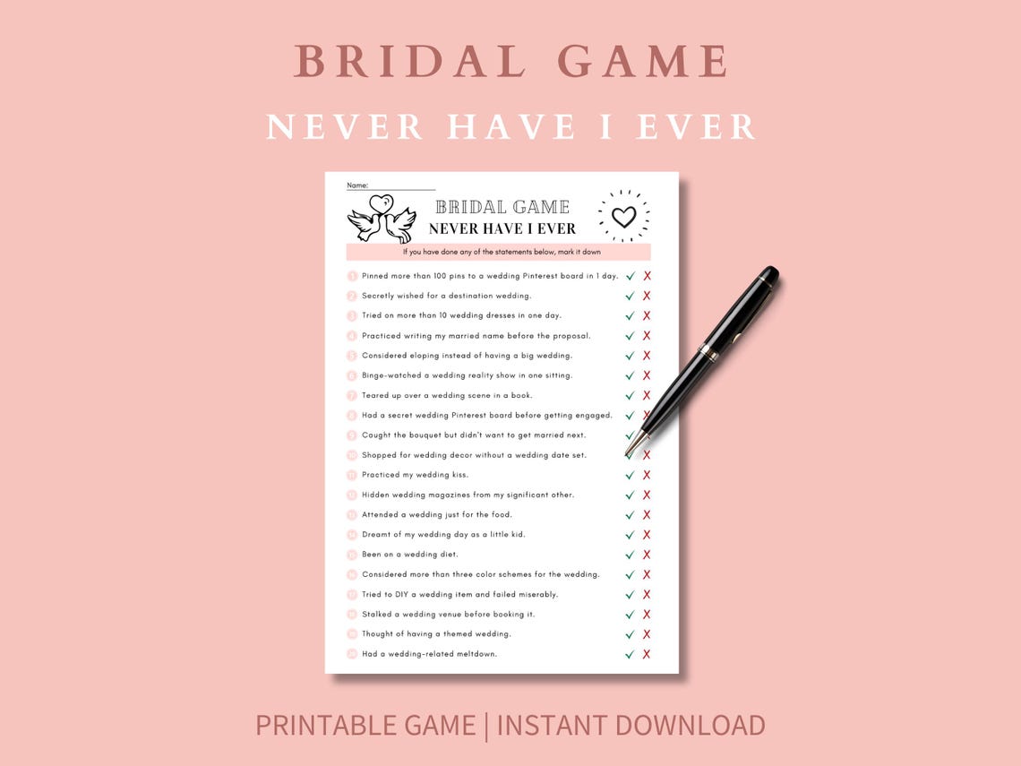 Bridal Shower Game Printable Never Have I Ever Trivia Wedding Party Fun ...
