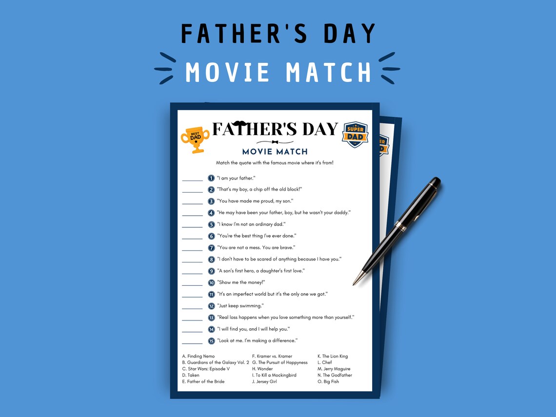Father's Day Movie Match Game Printable, Dad Trivia Quiz, Instant ...
