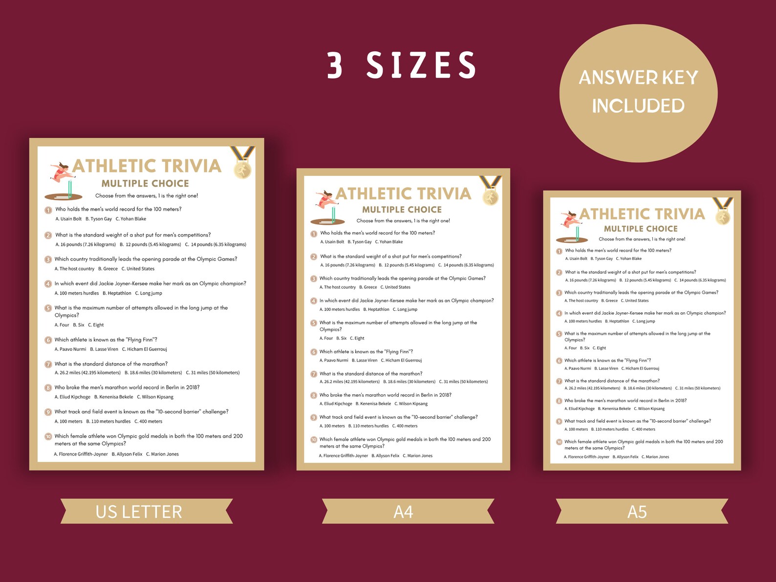 Athletic Trivia of 10 Questions Digital Download Printable Sports Quiz ...