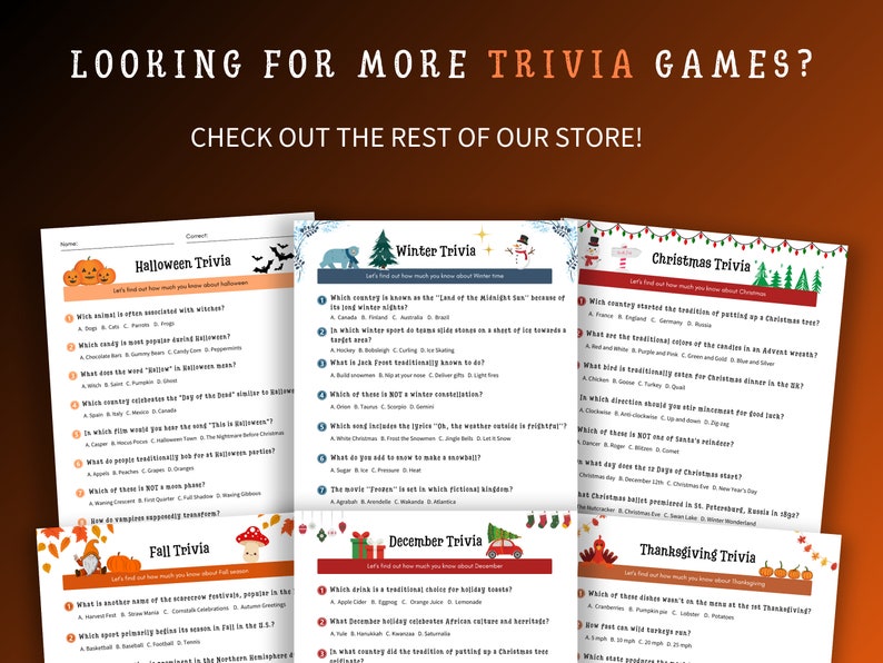Printable Fall Trivia 2023 Autumn Multiple Choice Quiz Family Game ...