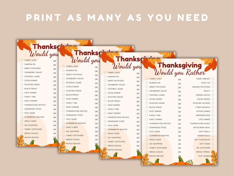 Thanksgiving Would You Rather Game | Fun Family Games | Printable ...