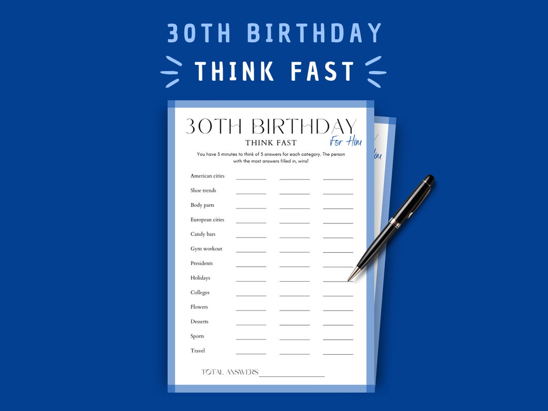30th Birthday Think Fast Game | Instant Download | Men's Birthday Party ...