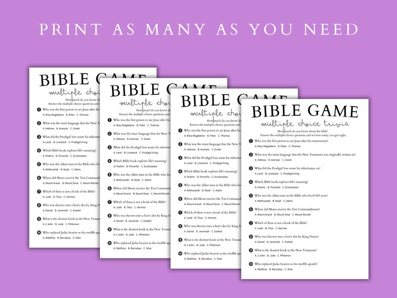 Multiple Choice Bible Trivia, Printable Christian Family Game, Church ...