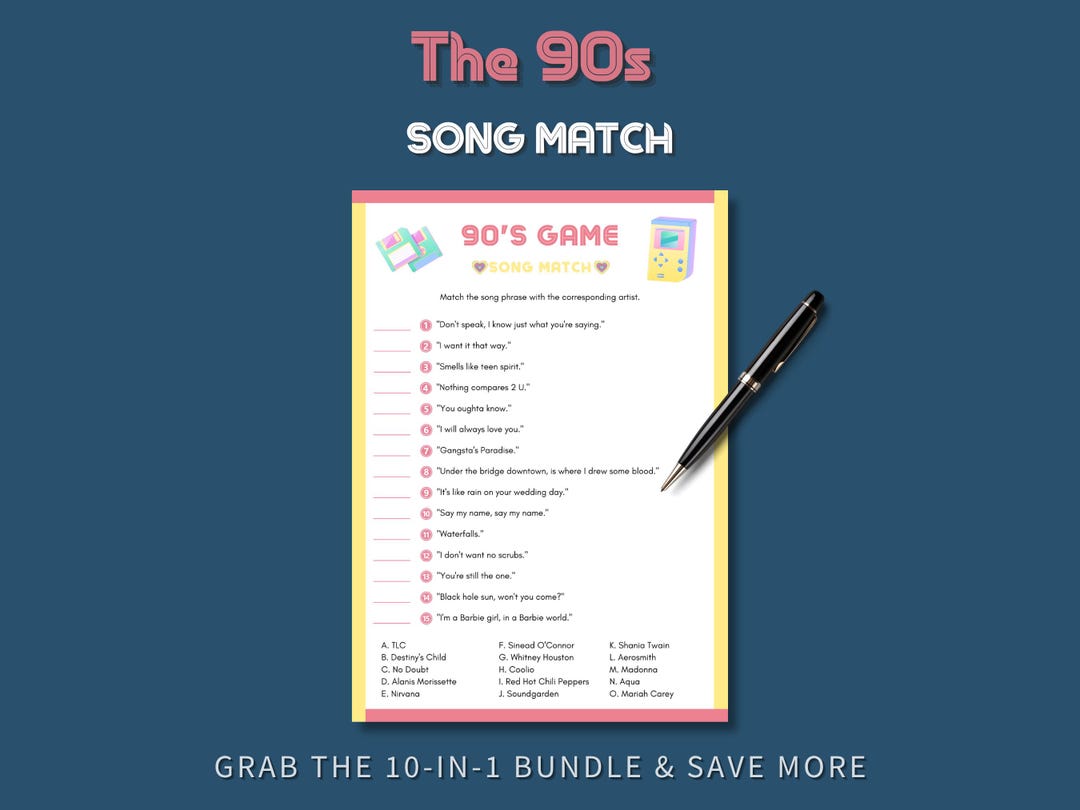 90s Song Match Game, Printable 90s Music Quiz, Instant Download Party ...