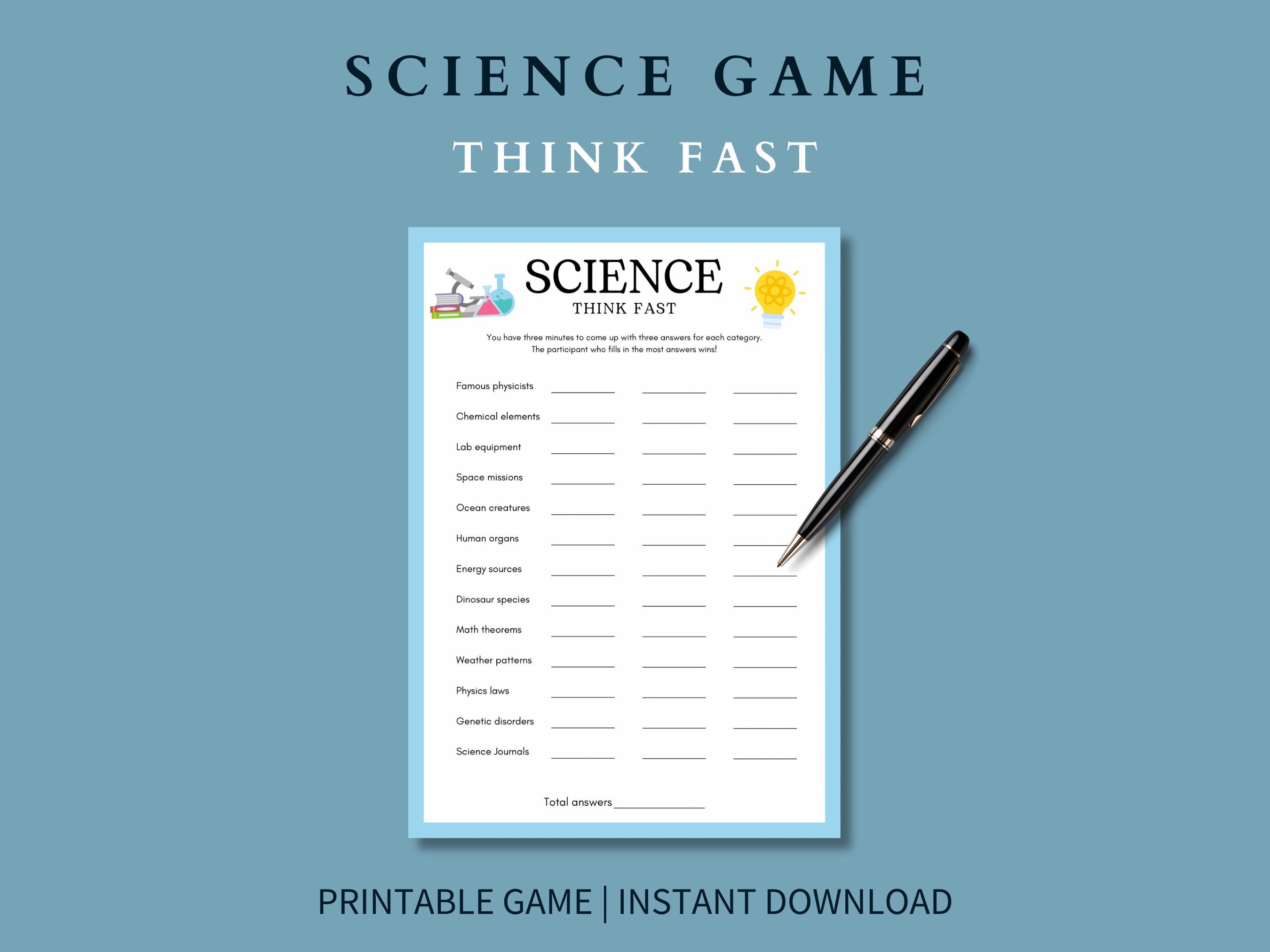Printable Science Think Fast Game | Digital Download | Fun Science ...
