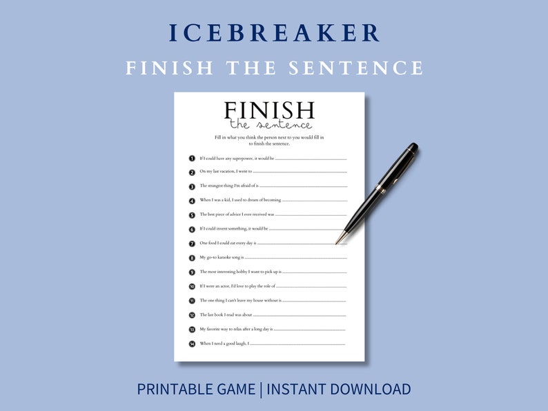 Finish the Sentence Game | Printable Icebreaker Trivia | Family Game ...