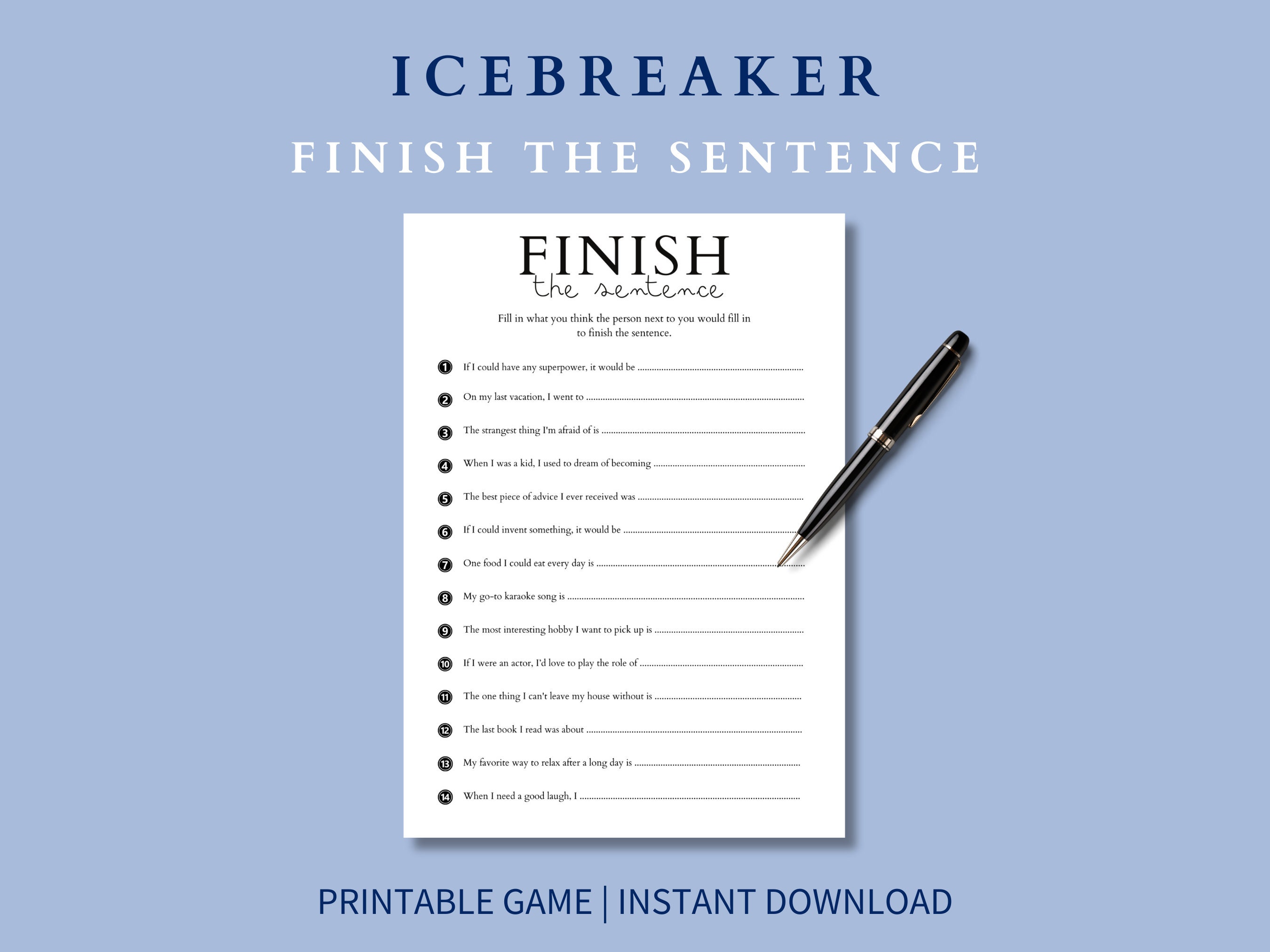 Finish the Sentence Game | Printable Icebreaker Trivia | Family Game ...