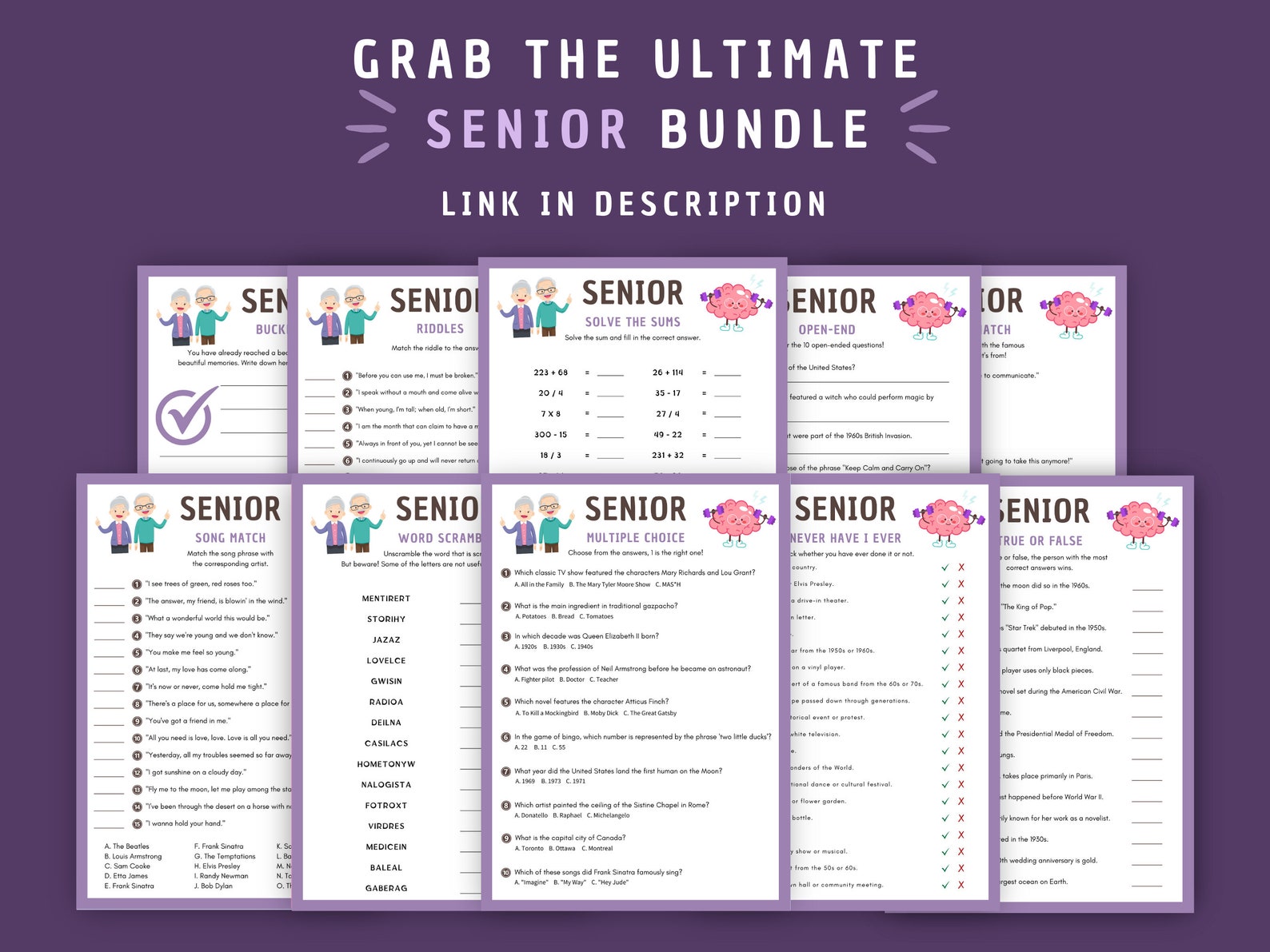 Senior Riddles Game: Printable Brain Teasers for Elderly (instant ...