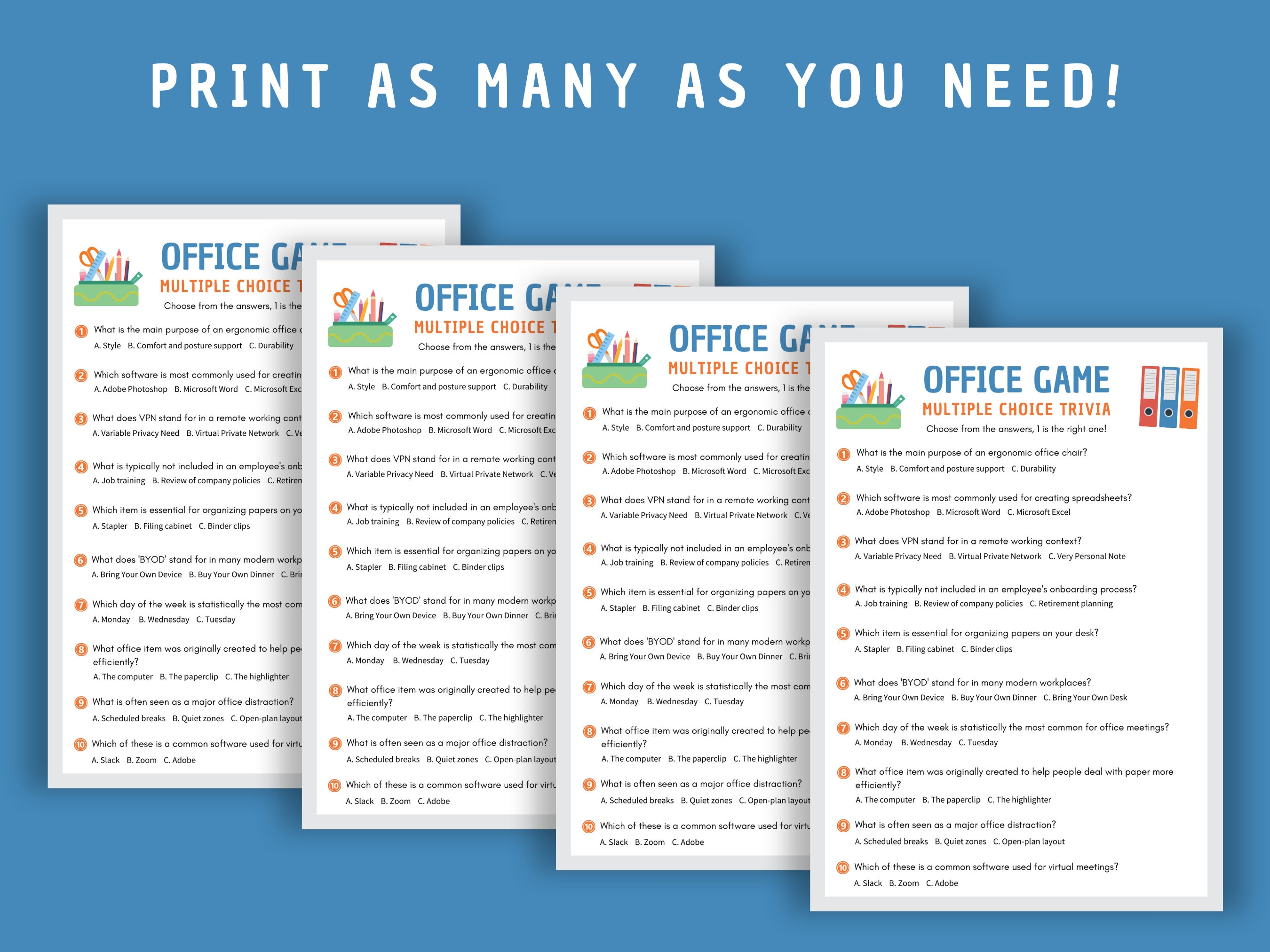 Office Games Multiple Choice Trivia, Instant Download, Printable Team ...