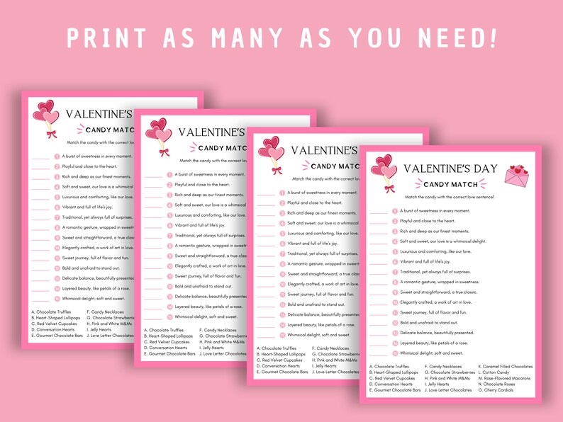 Printable Candy Match Game for Valentine's Day Fun Love-themed Matching ...