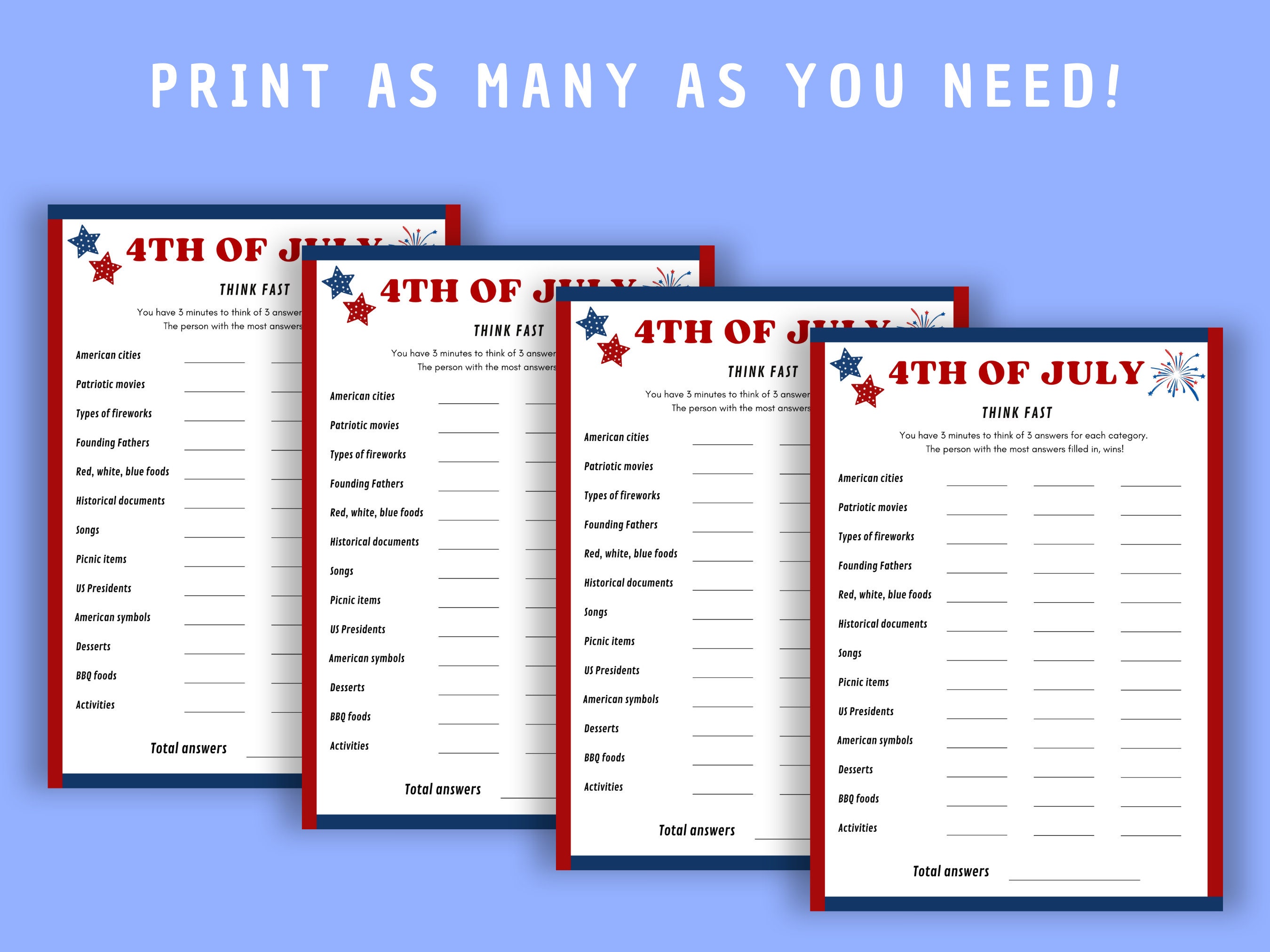 4th of July Think Fast Game Printable, Patriotic Icebreaker for Kids ...