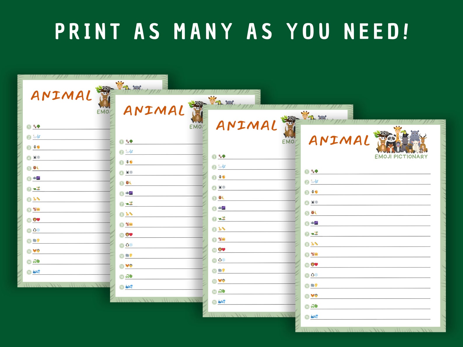 Animal Emoji Pictionary | Instant Download | Emoji Pictionary Animal ...