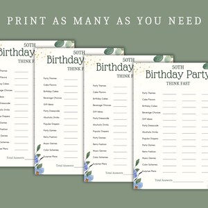 50th Birthday Think Fast Game: Printable Party Activity (digital ...